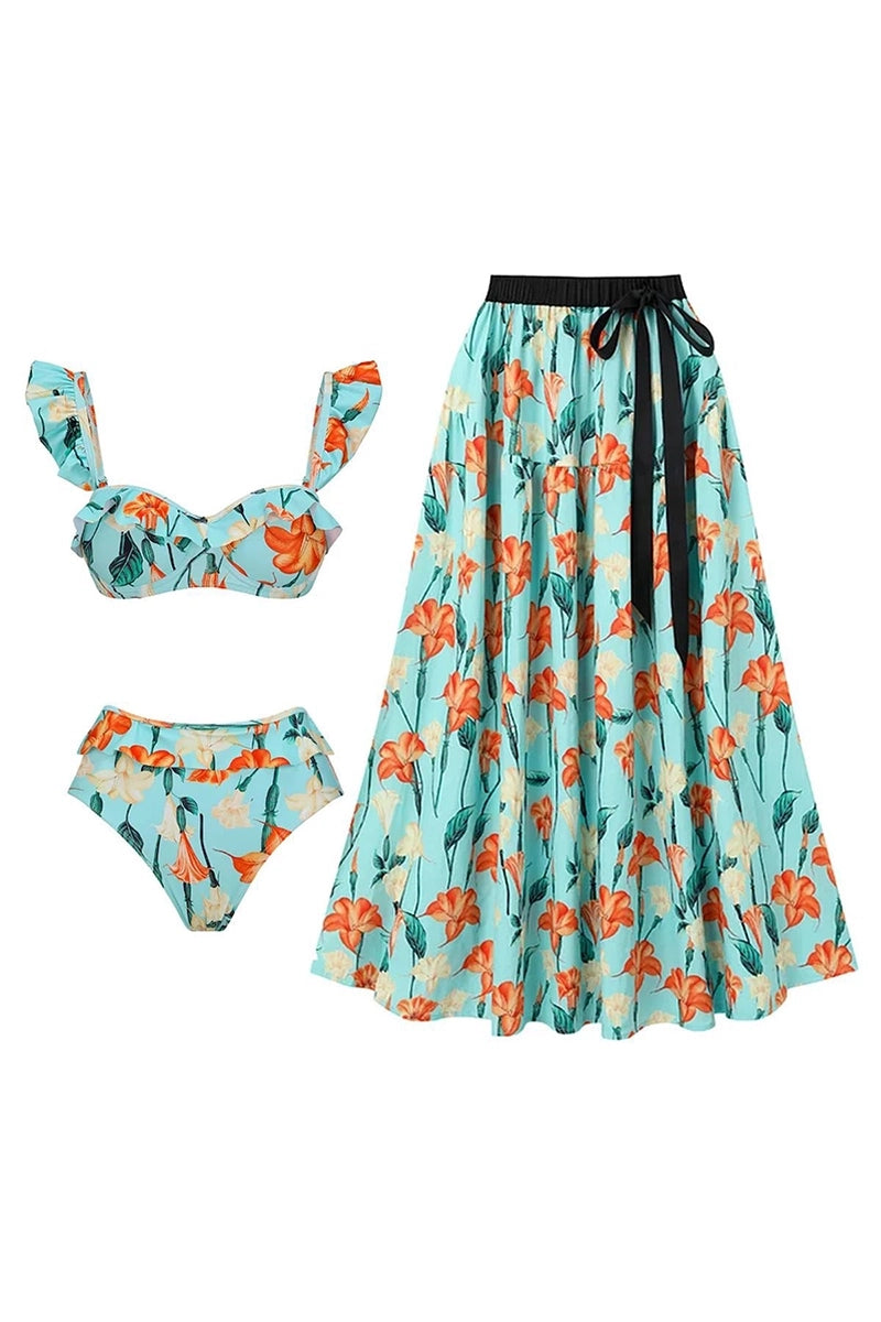 Ruffle Sleeve Trumpet Floral Bikini Set